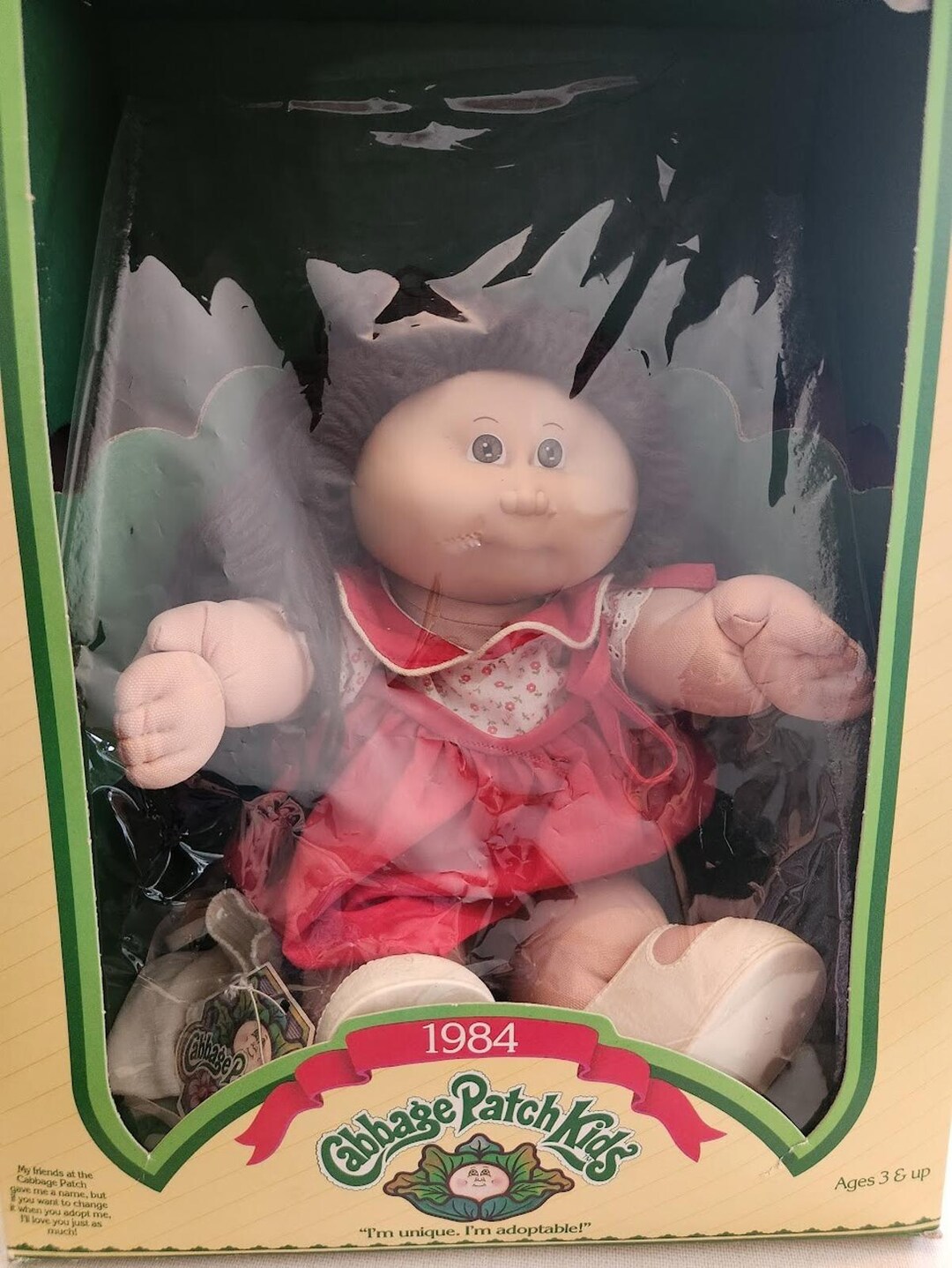 VINTAGE 1984 Cabbage Patch Doll Brown Hair & Eye Red Dress Box Birth ...