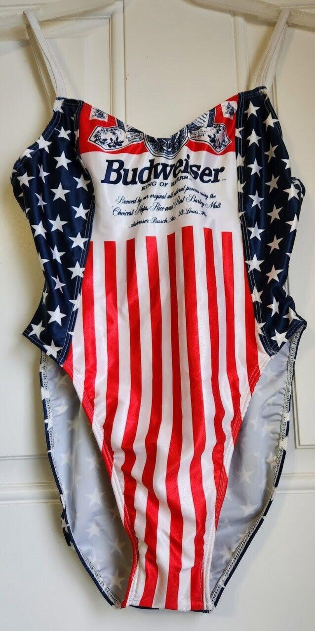 Vintage 90's Budweiser One Piece Swimsuit High Cut Legs Stars Stripes ...