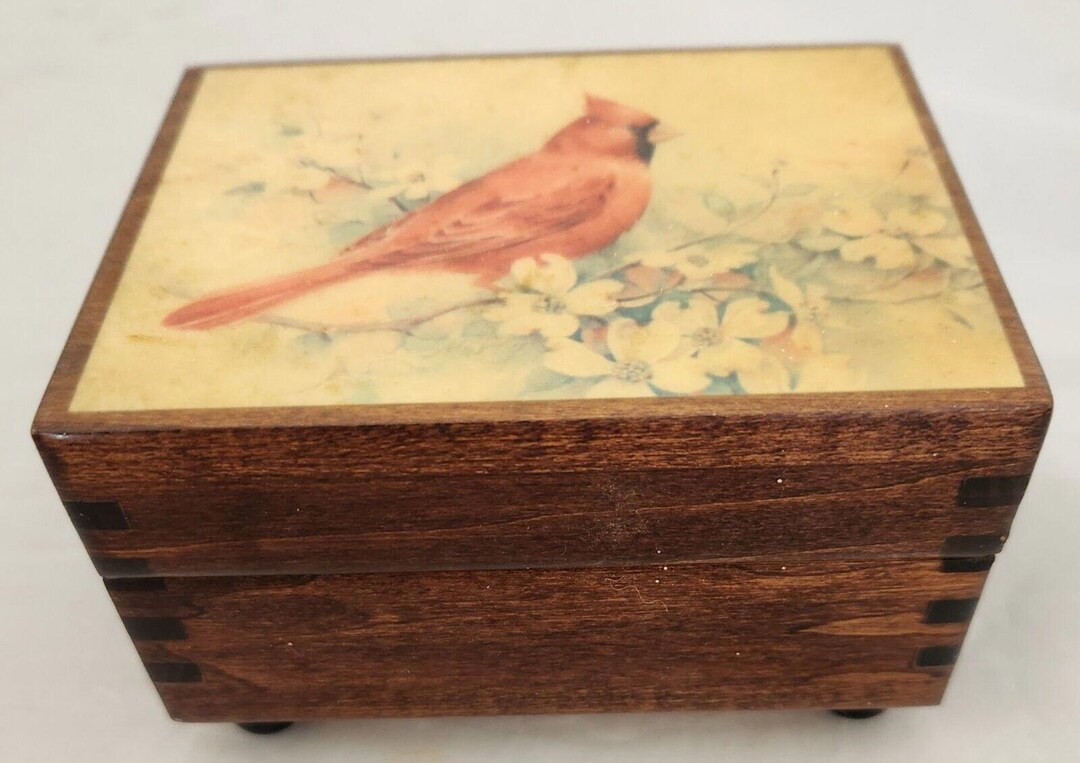 Vintage Small Swiss Wood Cardinal Bird Music Trinket Jewelry Coin Box ...