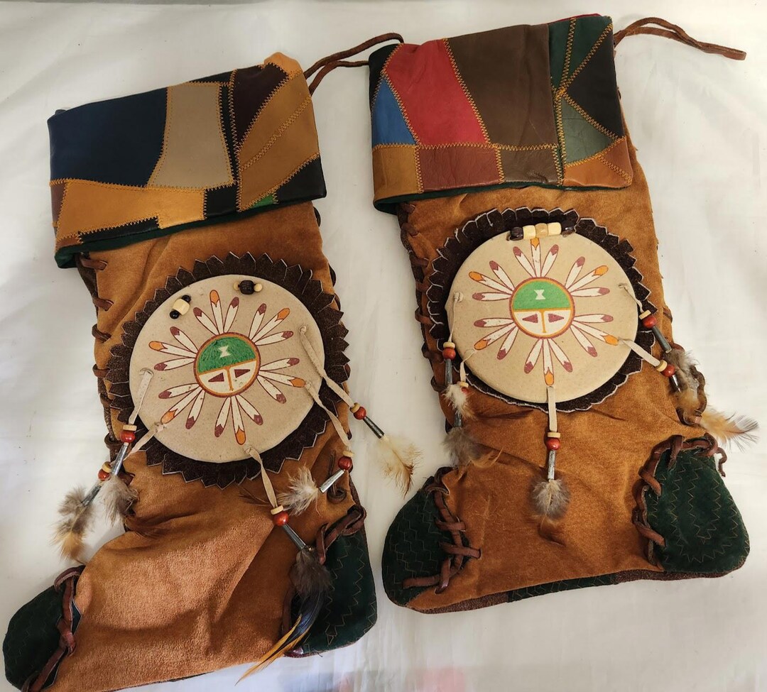 2 Handcrafted Leather Cowhide Rustic Native American Western Christmas ...