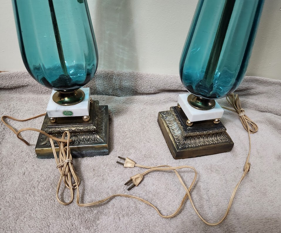Set Teal Blue Murano Blown Glass Table Lamps Tear Drop Marble Base ...
