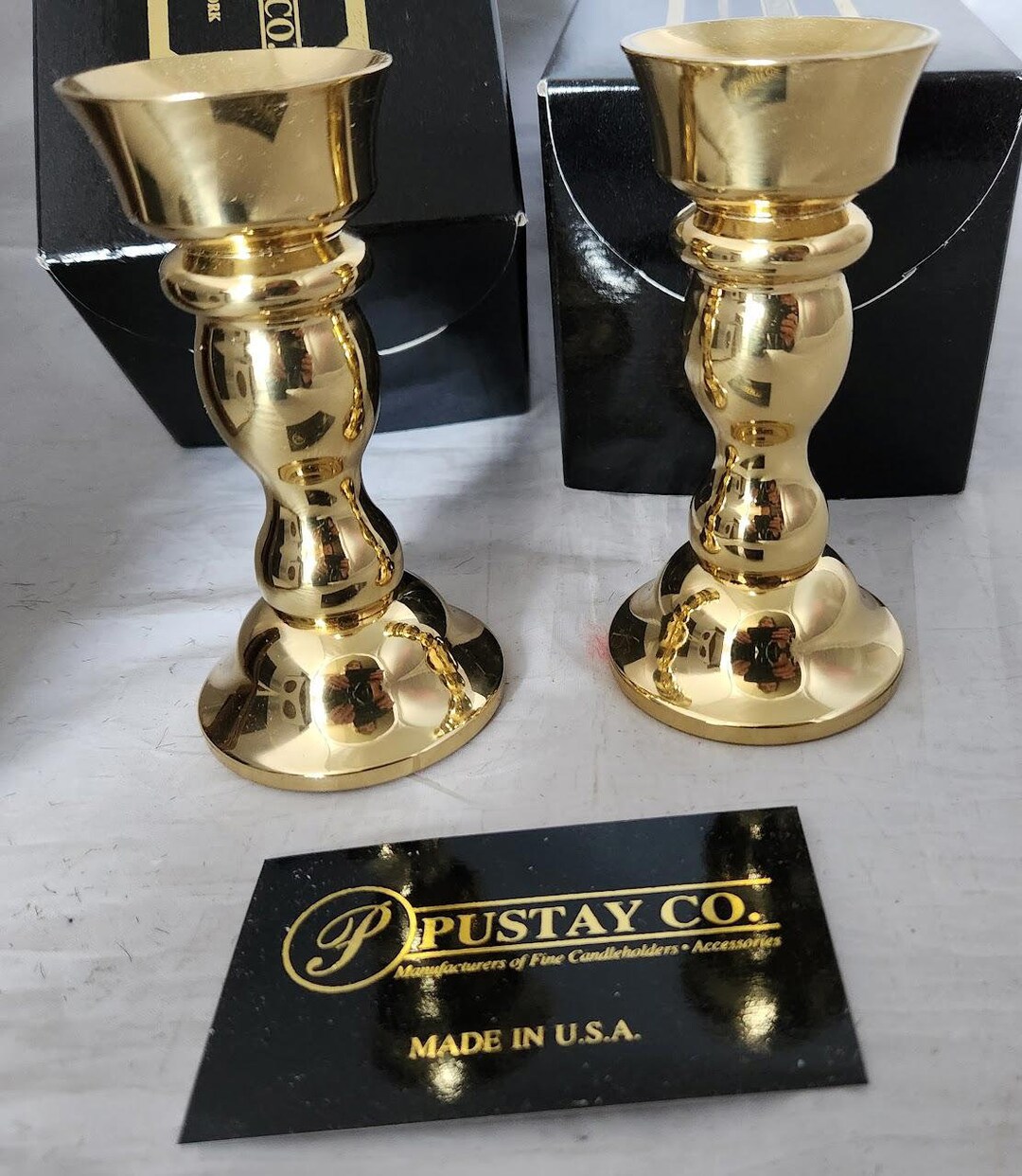 Pustay Co Set 2 Gold Solid Brass Pillar Candle Holders Wedding Holiday ...