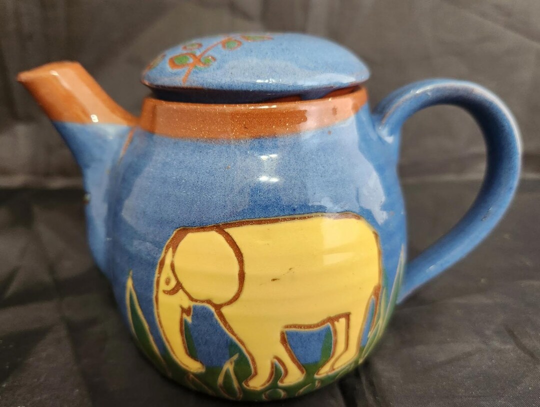 Primitive Studio Art Red Clay Glazed Pottery Blue Teapot Elephant ...