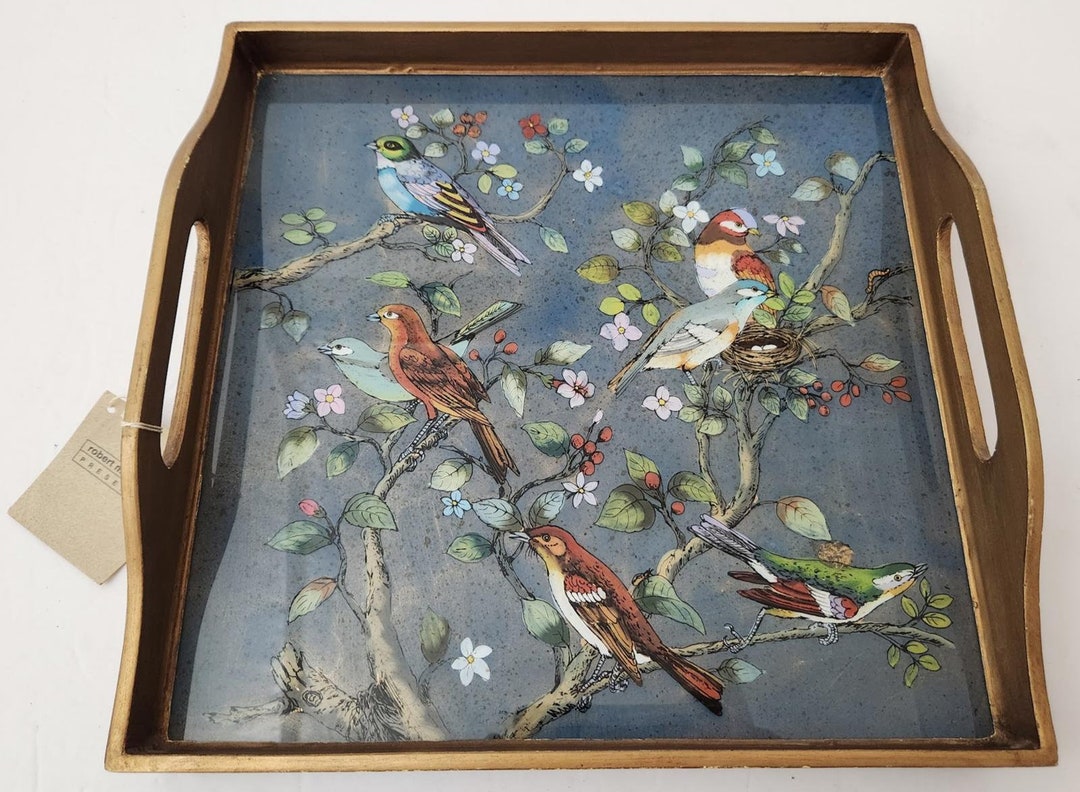 Robert Weiss Reverse Painted Glass Wood Serving Tray Footed Handles ...