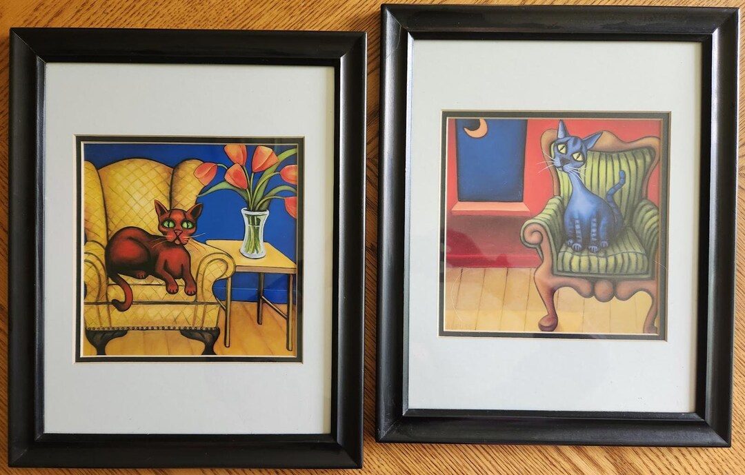 Set 2 Will Rafuse Oswald the Cat Prints Framed Matted Red & Blue Cat ...