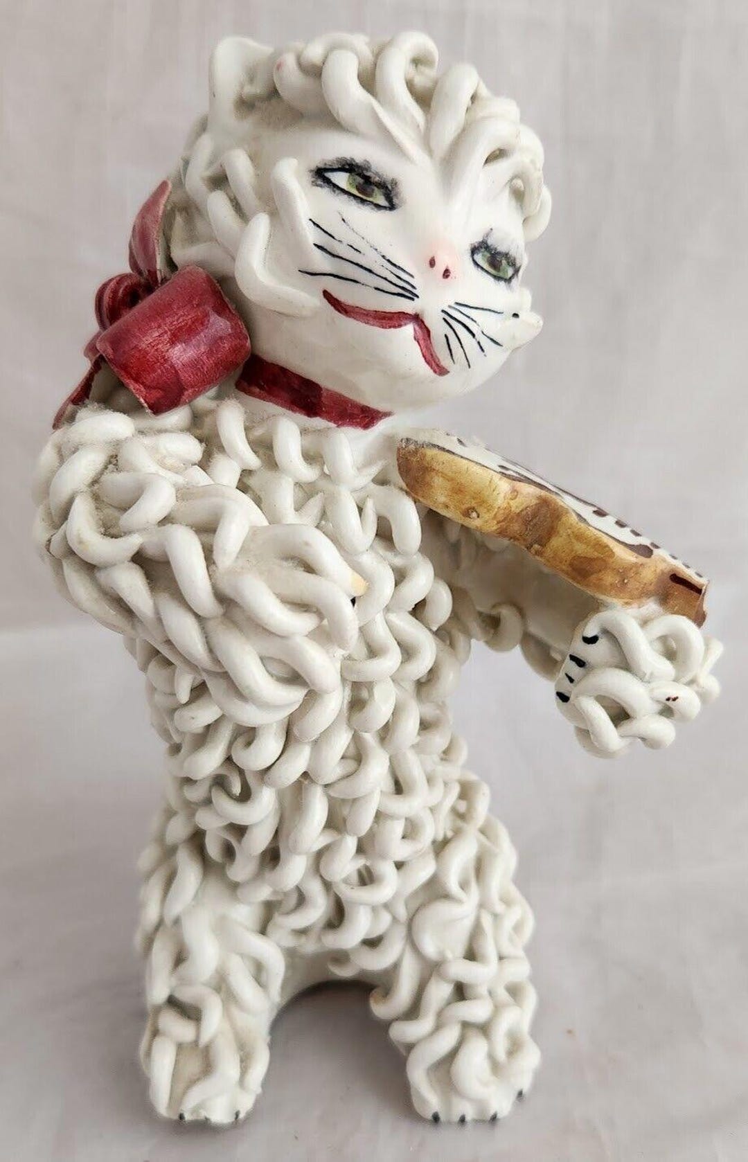 VTG Italian Spaghetti Cat Figurine Red Bow W/ Violin Green Eyes 1950s ...