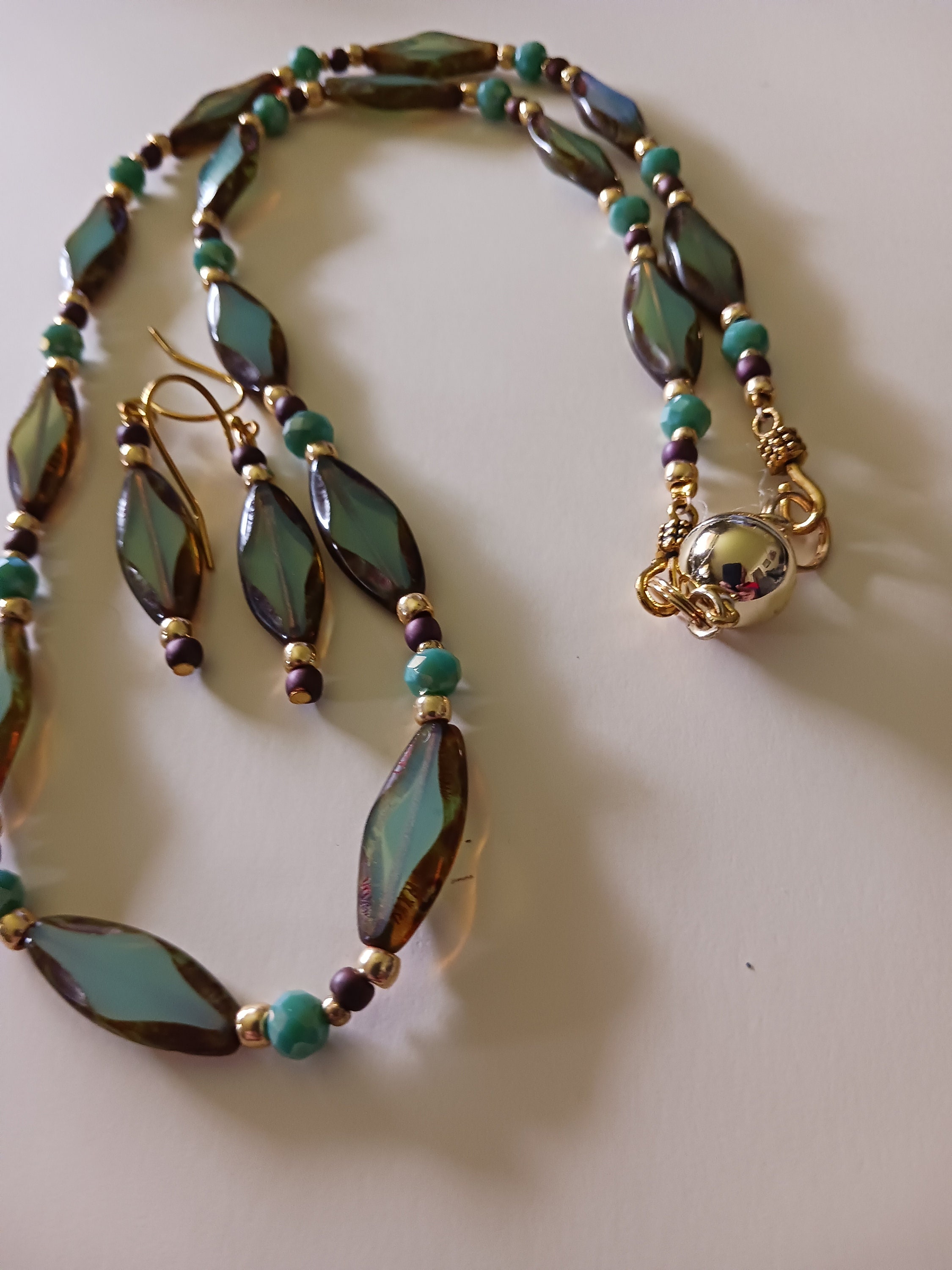 Earthy Green Picasso Bead Necklace and Earrings - Etsy