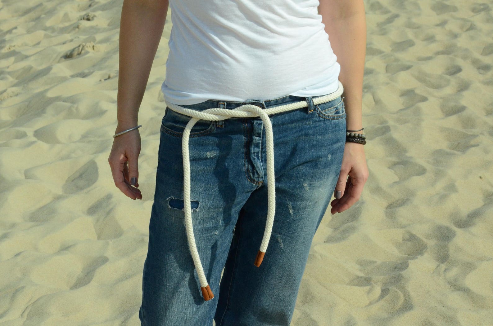 Nautical Knot Rope Belt, White Belt Rope + Leather Detail, Stylish Belt ...