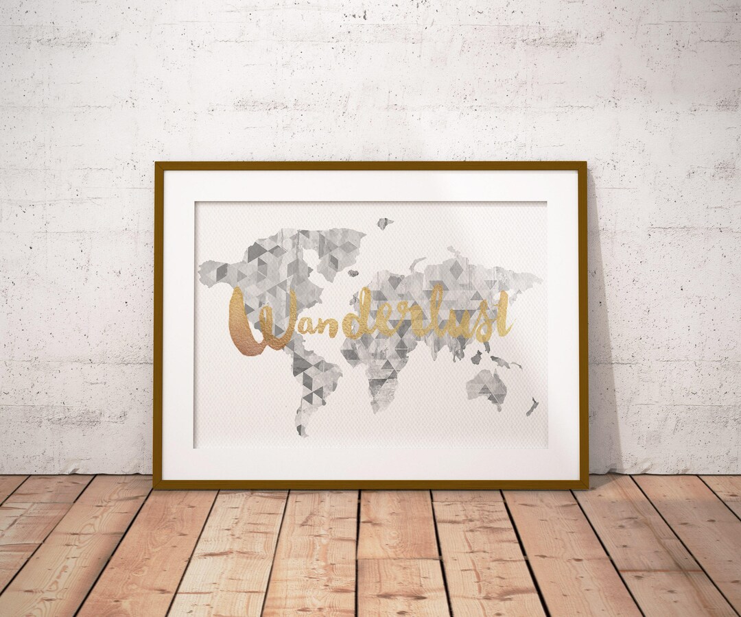 Golden Wanderlust World Map Geometric Print, Skyline Art Print, Poster ...