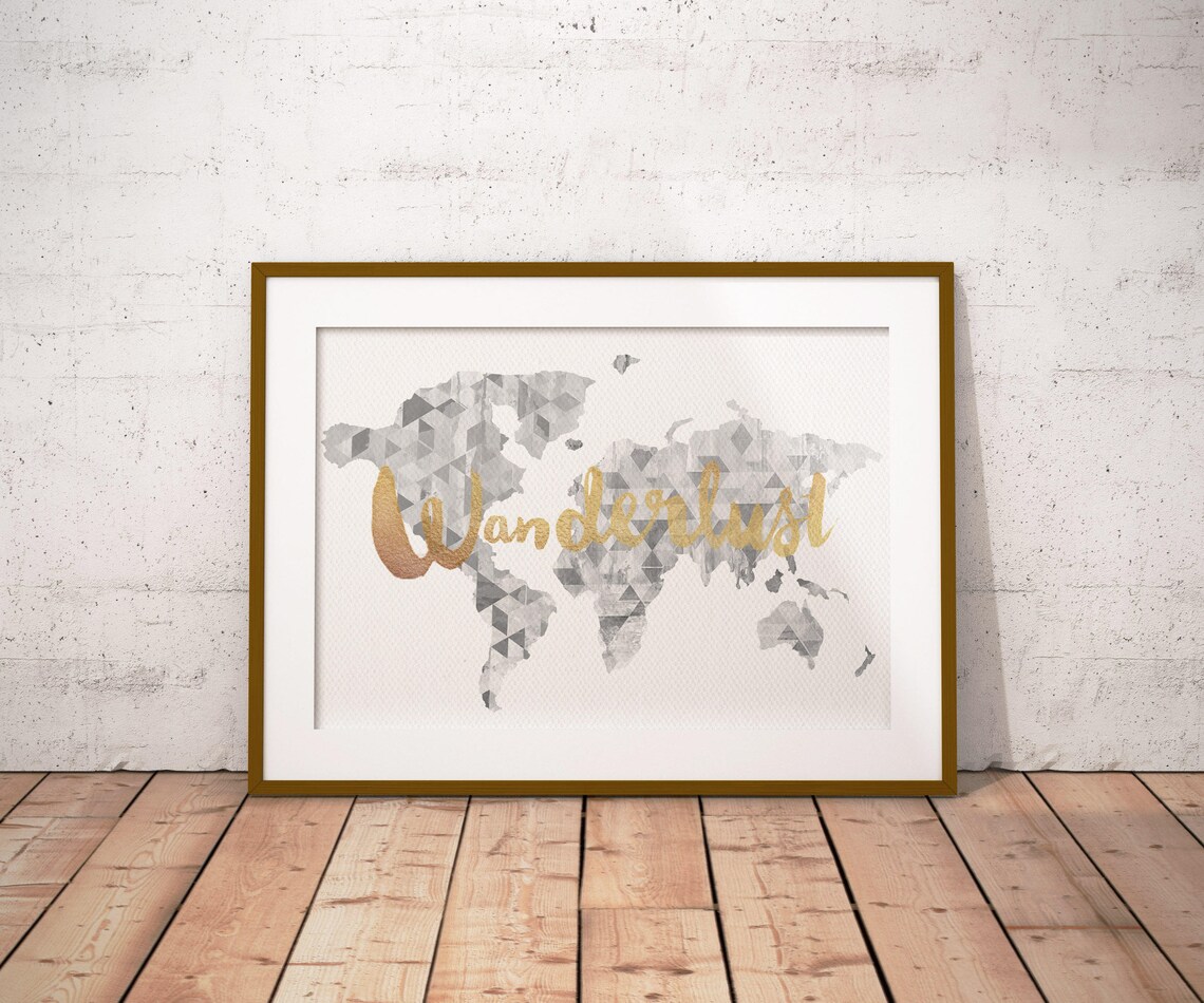 Golden Wanderlust World Map Geometric Print Skyline Art - Etsy