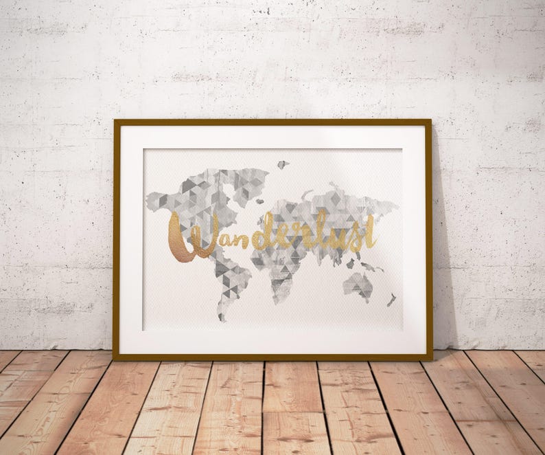 Golden Wanderlust World Map Geometric Print Skyline Art - Etsy