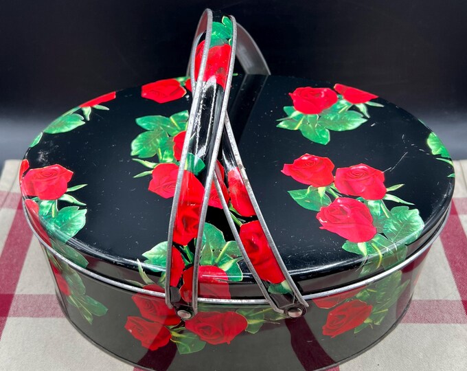 Large Oval Vintage Red Rose Floral Tin With Handles - Etsy