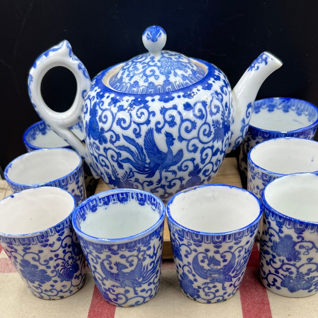 Vintage Japanese Porcelain Blue and White Phoenix Bird Teapot With 8 ...