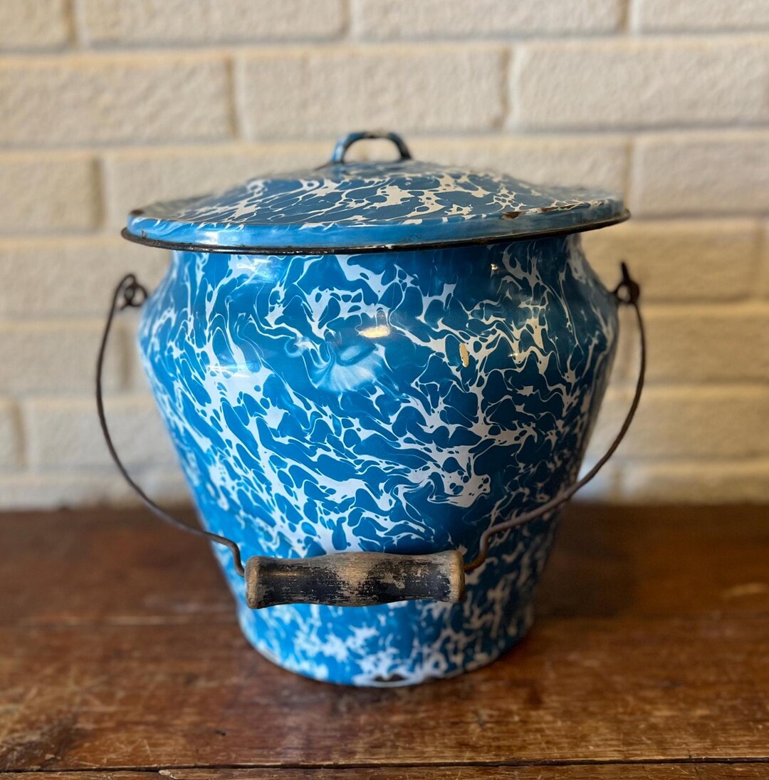 Vintage Large Blue Splatterware Enamelware Lidded Pot - Etsy