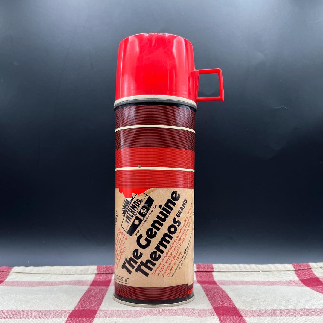 Vintage Genuine Thermos Bottle 2442/75 Red Cup Red Horizontal Stripes ...