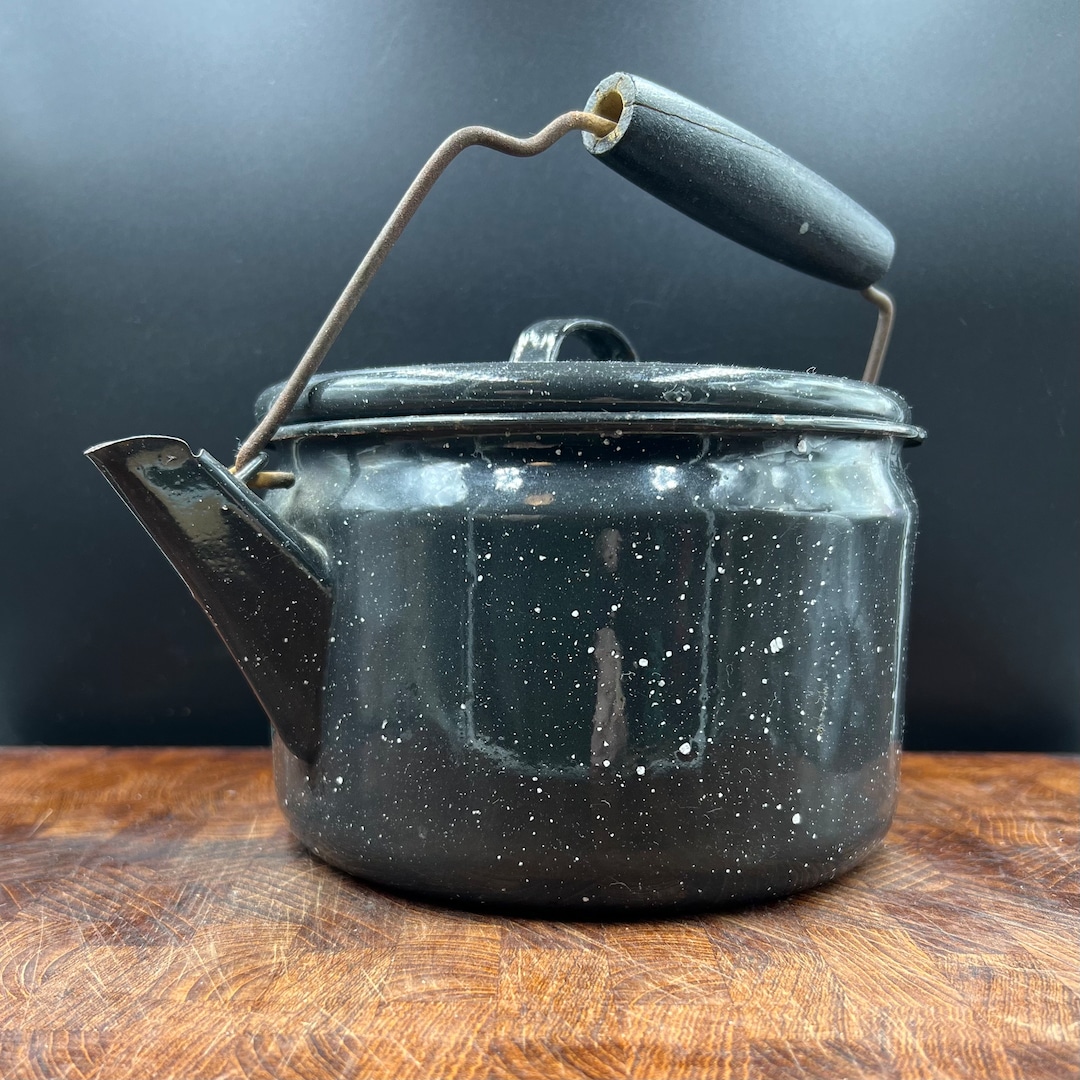 Vintage Black Speckle Enamelware Tea Kettle Pot - Etsy