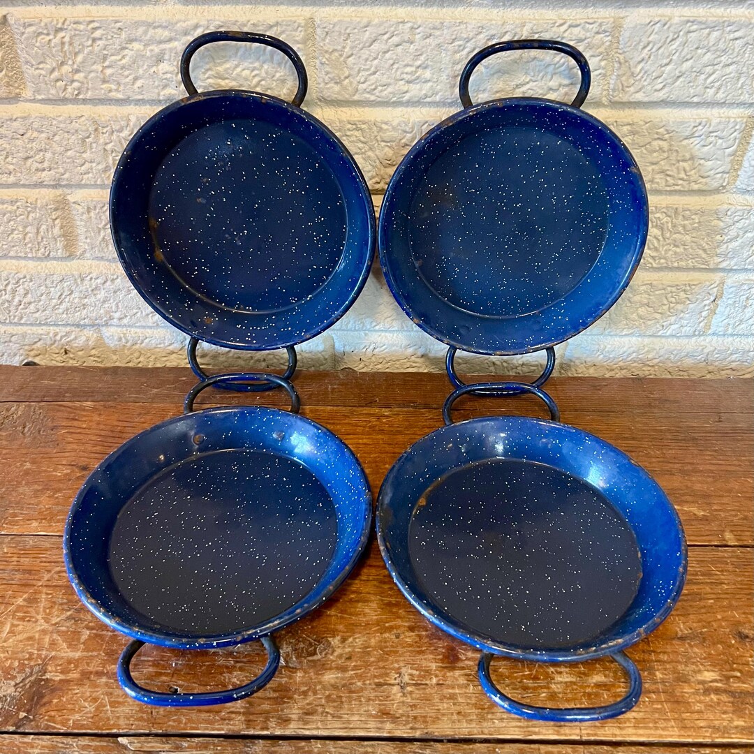 Set of 4 Deep Blue Speckle Enamelware Plate Dishes With Handles - Etsy