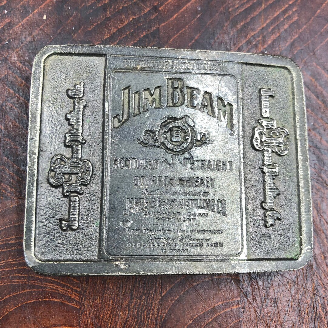 Vintage 1970's Jim Beam Brass Belt Buckle Featuring the Jim Beam Label ...