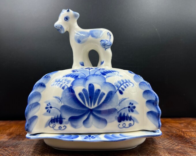 Vintage Gzhel Russian Blue and White Porcelain Cow Topped Butter Dish ...