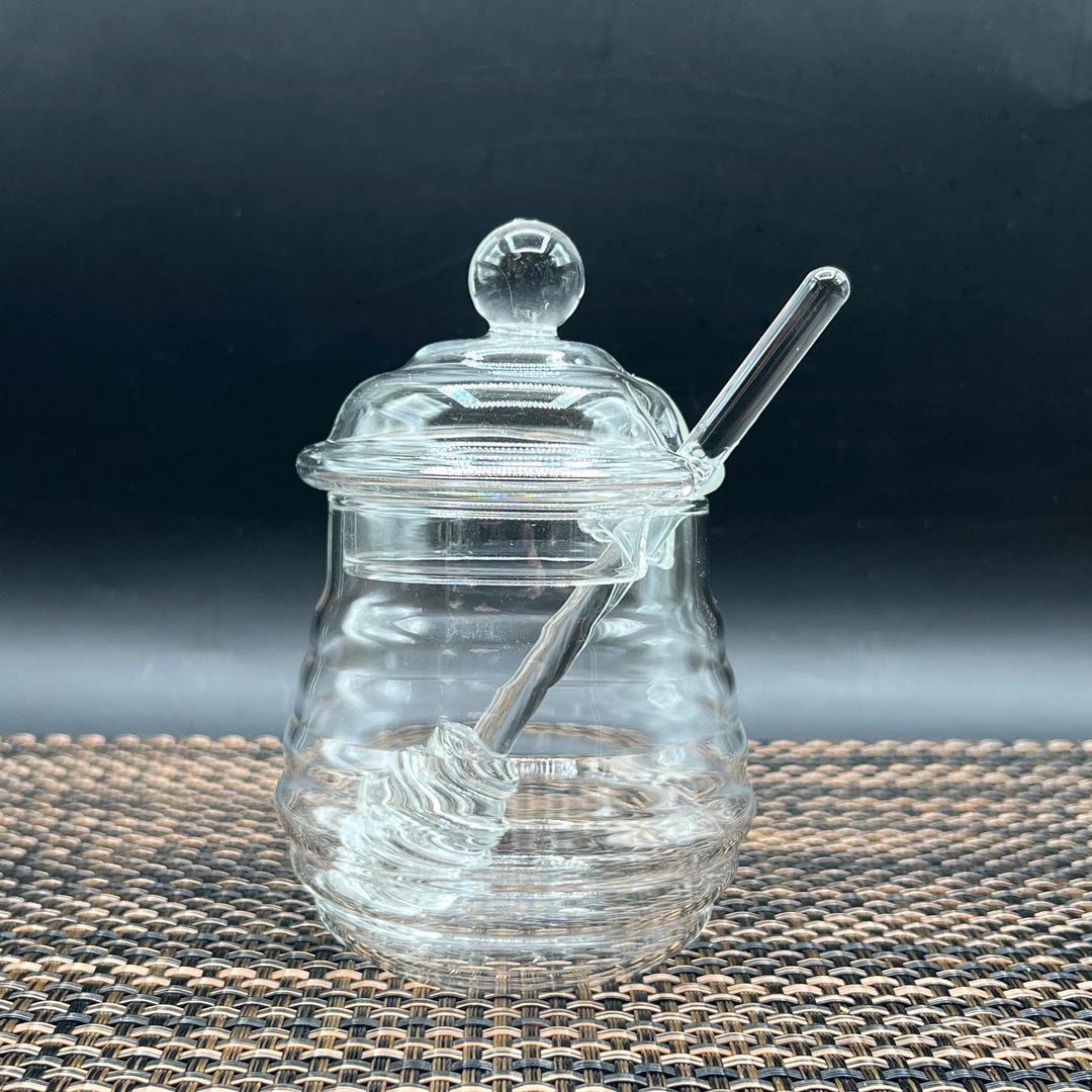 Clear Glass Embossed Honey Beehive Server Jar and Glass Drizzle Stick ...