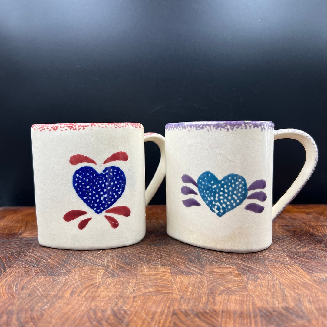 Set of 2 Vintage Country Sponge-ware Style Heart Shape Coffee Tea Cup ...