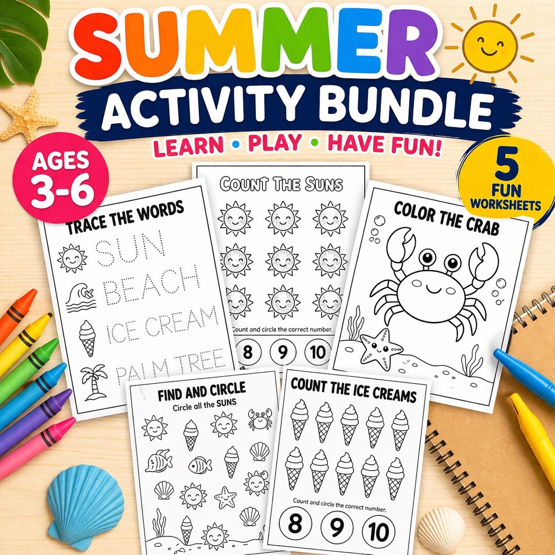 Summer Activity Worksheets for Kids, Preschool Printable Bundle ...