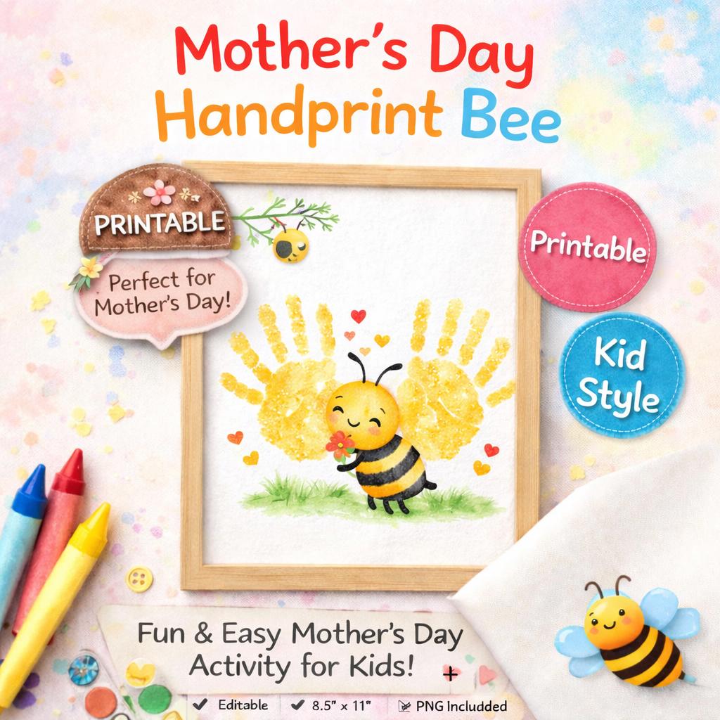 Mother’s Day Handprint Craft, Bee Handprint Printable, Kids Coloring ...