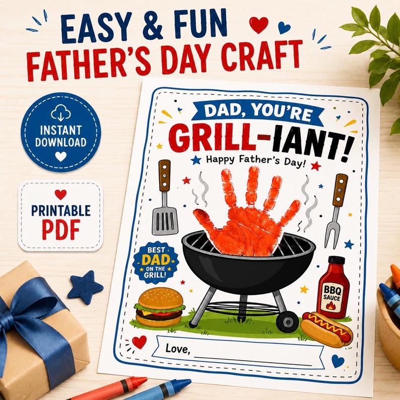 Father’s Day Handprint Craft Printable, Grill Dad Handprint Art, BBQ ...