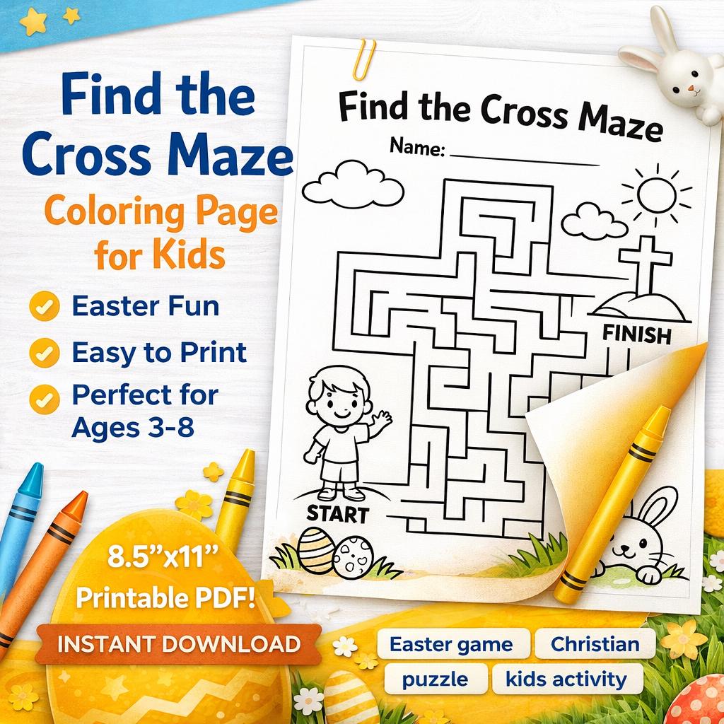 Christian Easter Maze Printable for Kids Ages 3-8, Find the Cross ...