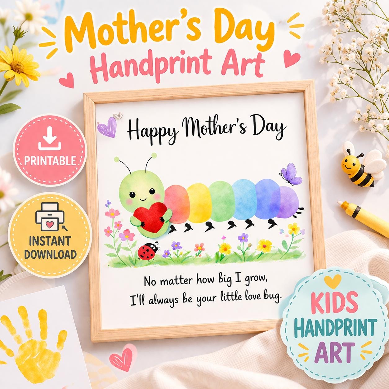 Mother’s Day Handprint Art, Love Bug Printable, Kids Craft Gift for Mom ...