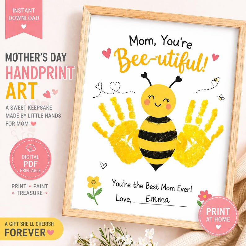 Mother’s Day Handprint Craft, Bee Handprint Art, Mom You’re Bee-utiful ...