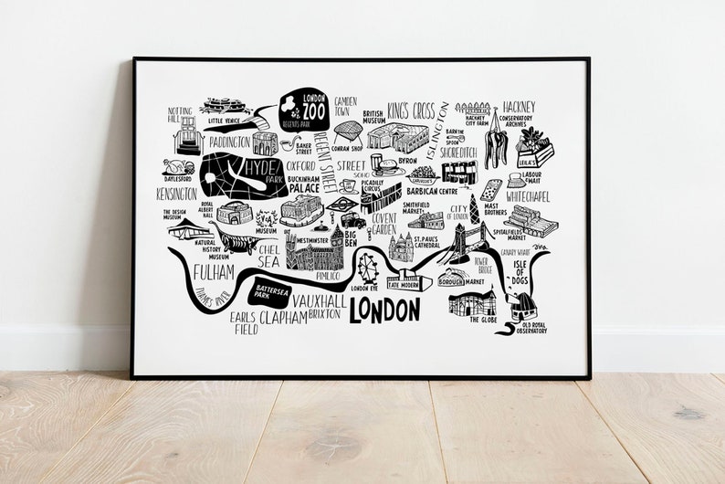 London Illustrated Map for Kids Room Decor Monochrome in Black - Etsy