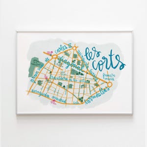 Les Corts Barcelona Illustrated Map for Travel Wall. Barcelona Souvenir ...