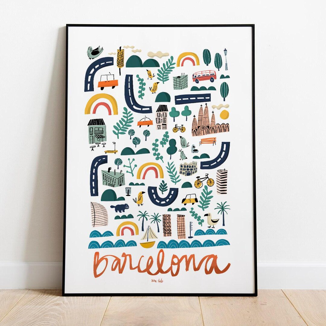 Barcelona Illustrated Map. Holidays Souvenir From Spain. Illustrated ...