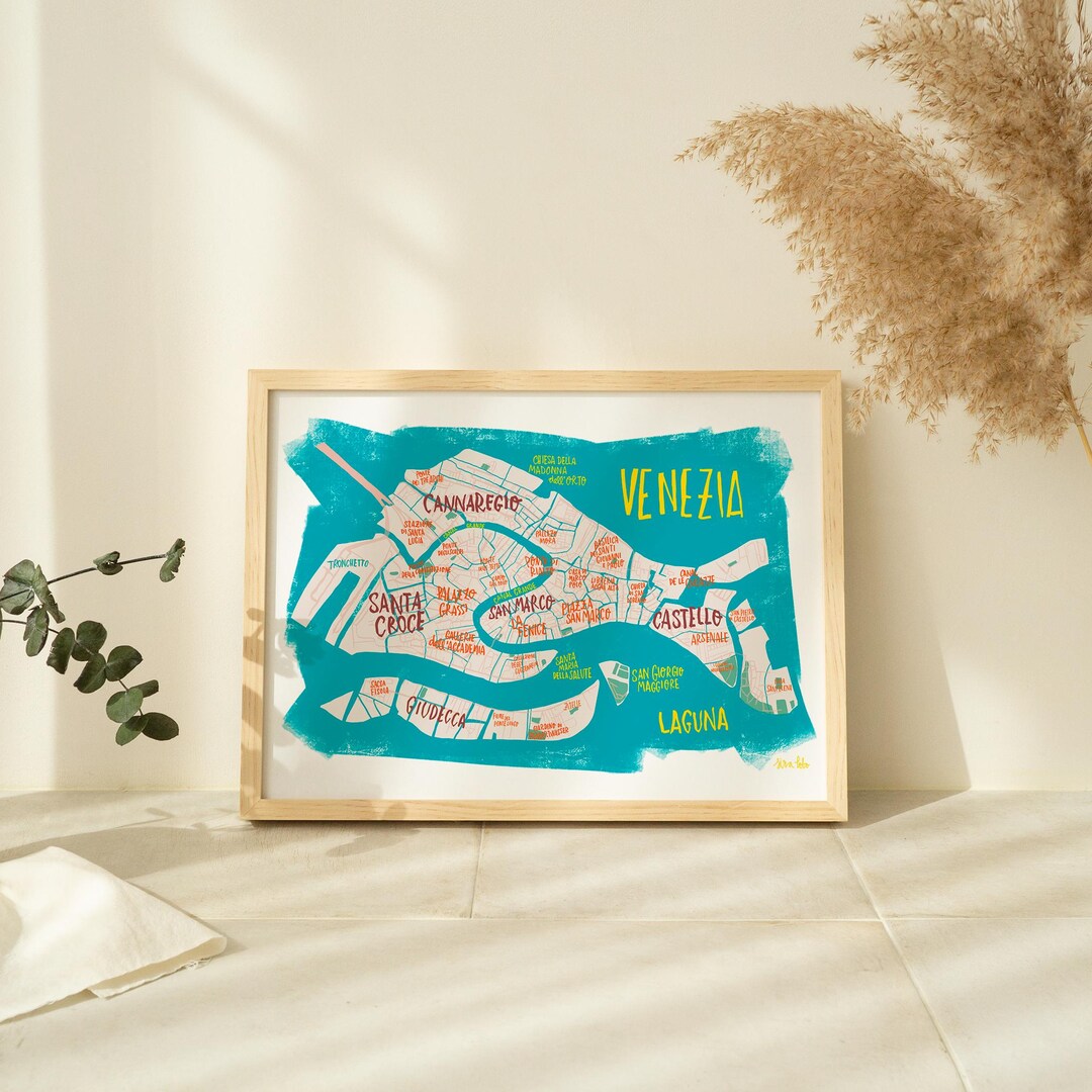 Venice Italy Illustrated Map. Venezia Illustration and Lettering Map ...
