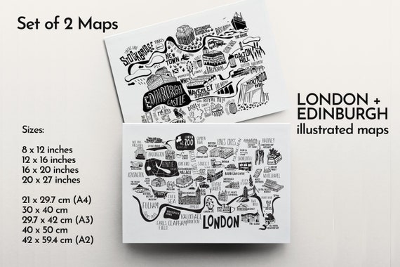 London and Edinburgh Illustrated maps. United Kingdom Maps. | Etsy