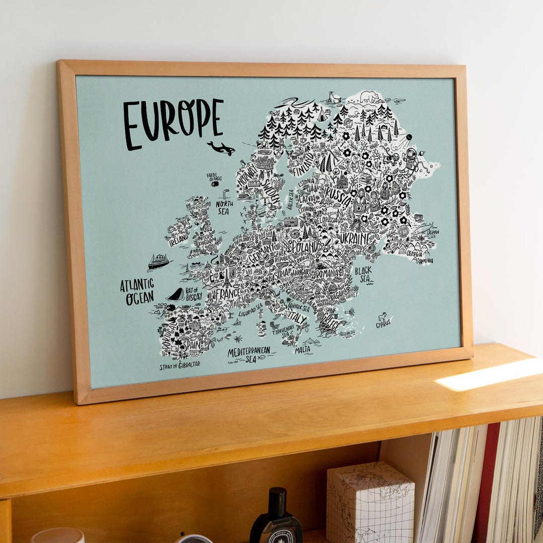 Europe Map Print: Illustrated Geography Chart for Kids Room - Etsy