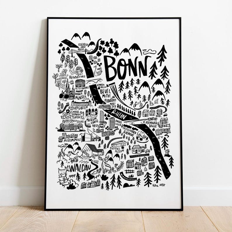Bonn Germany Map Print: Monochrome Illustrated Travel Art - Etsy