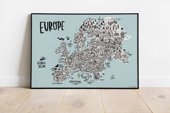 Europe Illustrated Map for Kids Room Decor Geography Chart of - Etsy