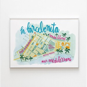 Barceloneta Illustrated Map for Travel Wall. Barcelona Neighborhood Art ...