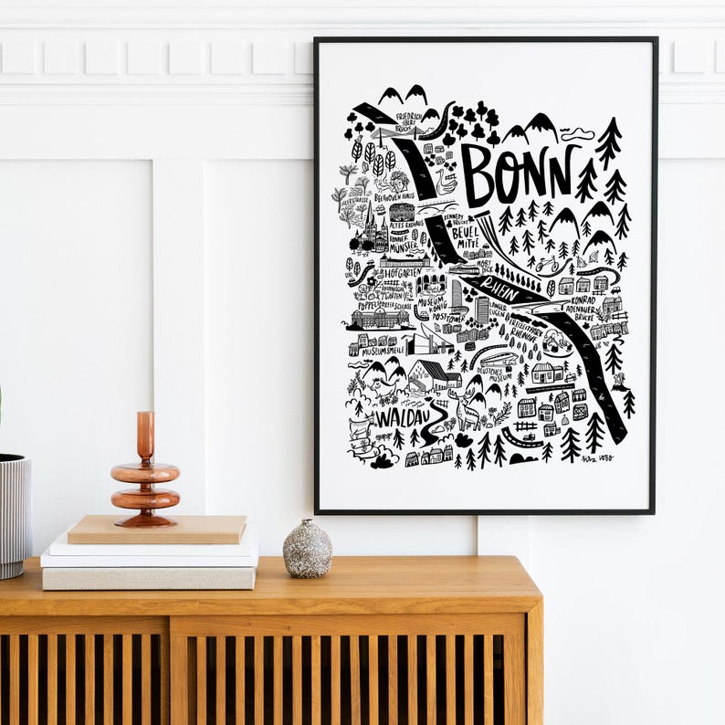 Bonn Germany Map Print: Monochrome Illustrated Travel Art - Etsy