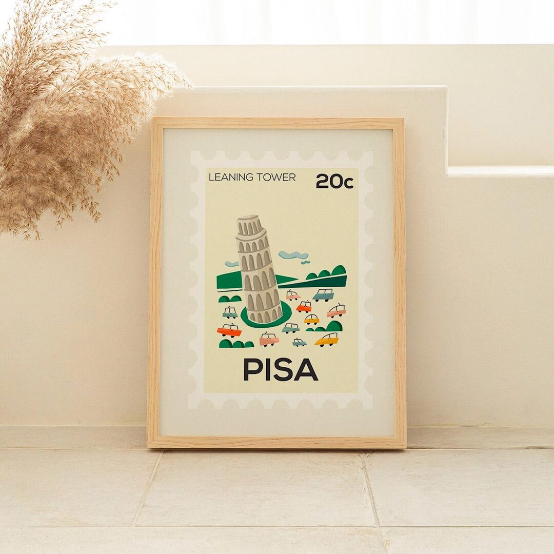 Pisa Italy Print – Leaning Tower Stamp Style Poster – Italian Landmark ...