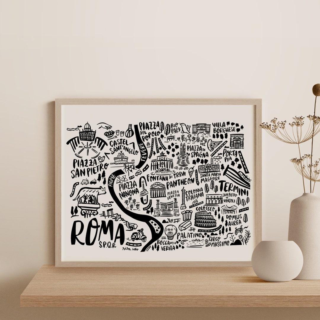 Rome Illustrated Map of Italy. Roma City Illustration. Ready to Hang ...
