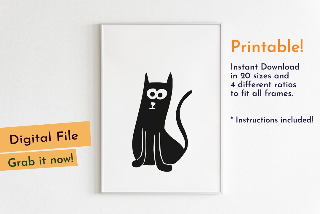 Black Cat Scandi Art Print: Monochrome Kids Room Decor (digital ...