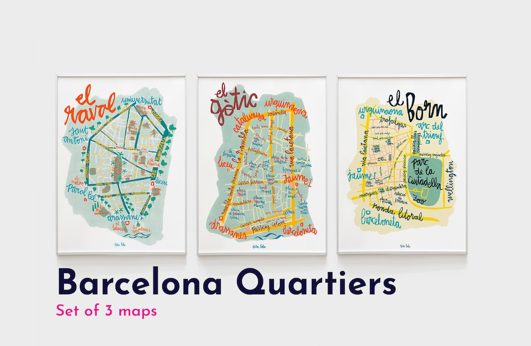 Barcelona Neighborhood Map Prints: El Raval, Gothic, El Born - Set of 3 ...