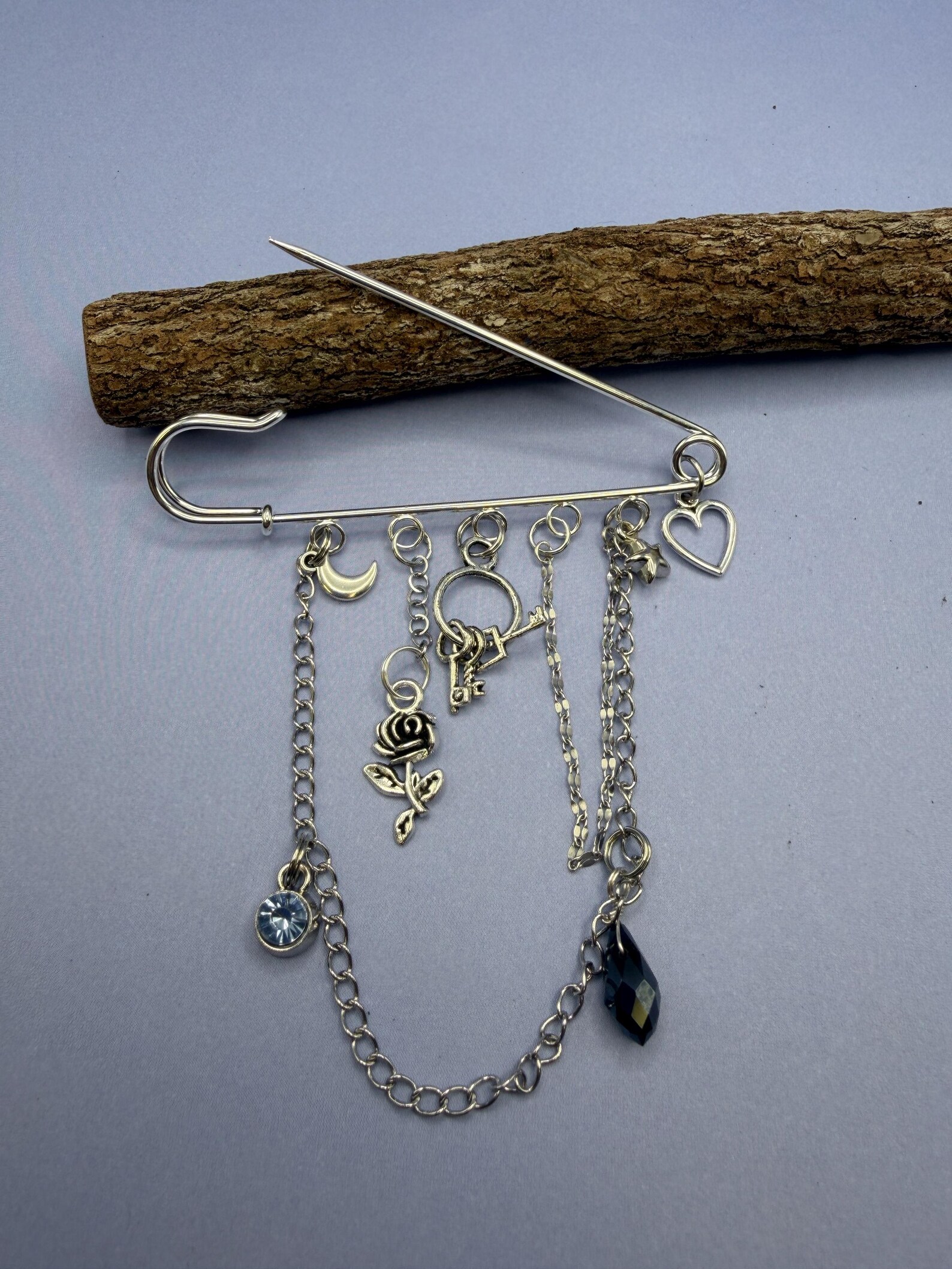 Gothic Kilt Pin | Crescent Moon Rose Keys Charms | Crystal Draped ...