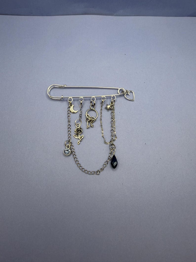 Gothic Kilt Pin | Crescent Moon Rose Keys Charms | Crystal Draped ...