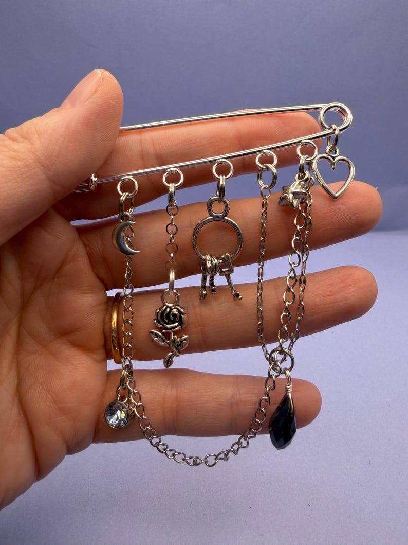 Gothic Kilt Pin | Crescent Moon Rose Keys Charms | Crystal Draped ...