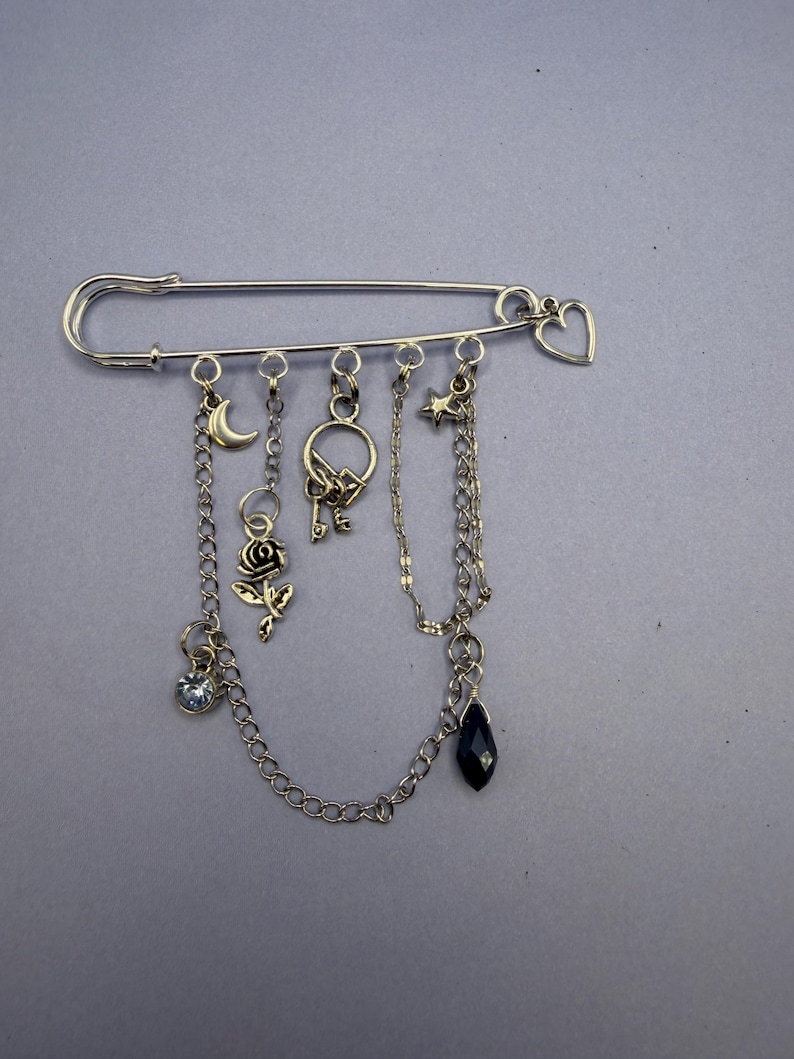 Gothic Kilt Pin | Crescent Moon Rose Keys Charms | Crystal Draped ...