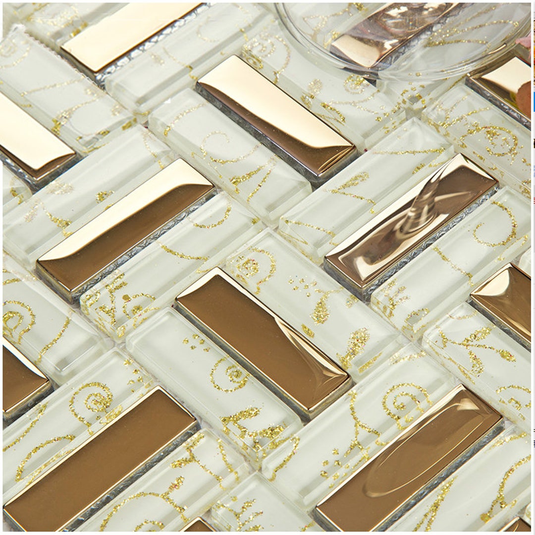 White and Gold Glass Tiles Backsplash Honghai9105-11.7"x11.7" per Sheet ...